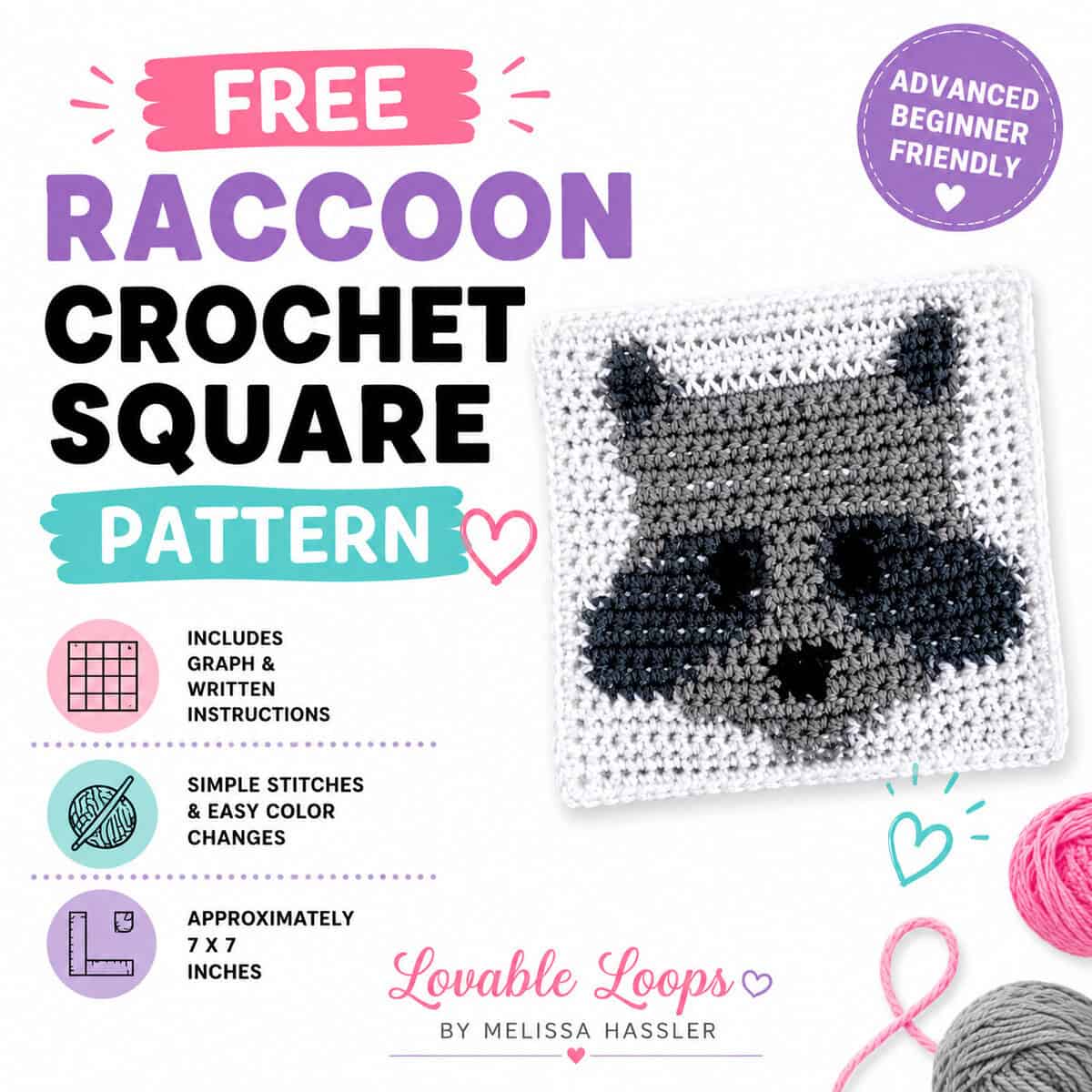 Raccoon crochet square pattern (free woodland animal square)